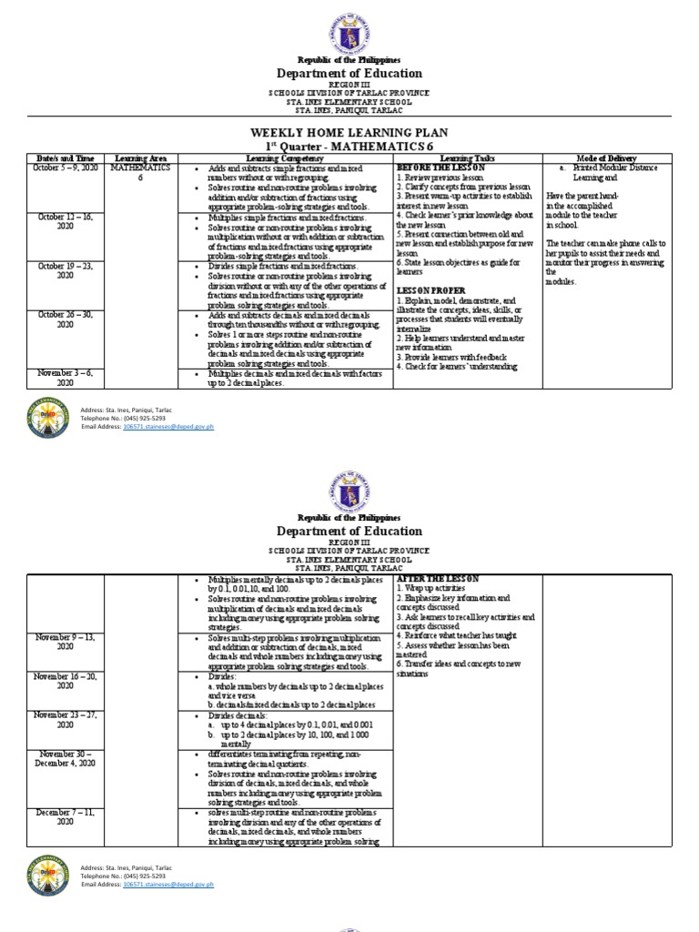 Department of Education: Weekly Home Learning Plan 1 Quarter ...