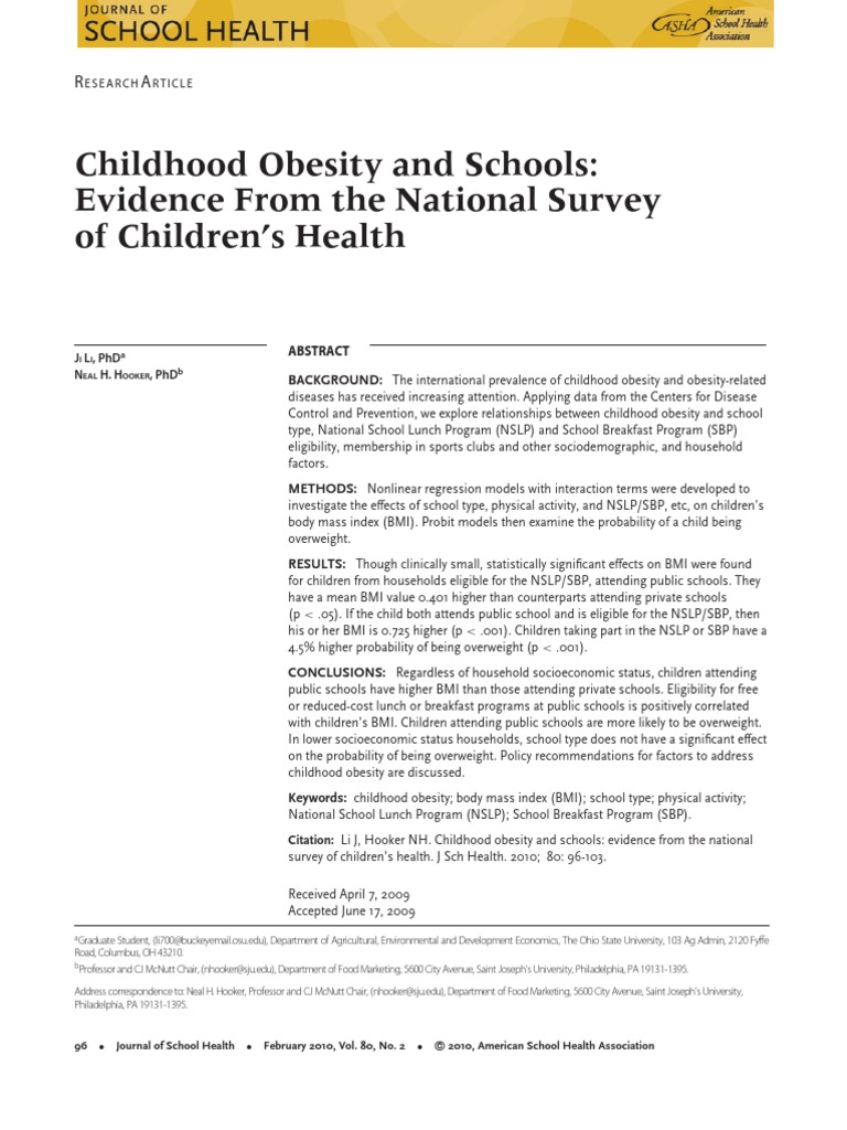 Childhood Obesity and Schools Evidence From The National Survey of ...