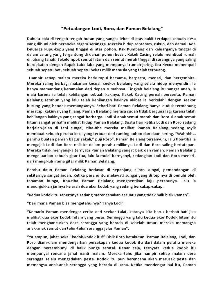 Cerita Fabel "Petualangan Lodi, Roro, Dan Paman Belalang" | PDF