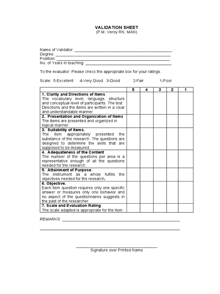 Validation Sheet: 5 4 3 2 1 1. Clarity and Directions of Items | PDF