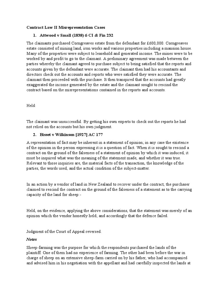 Key Misrepresentation Cases in Law | PDF | Misrepresentation | Damages
