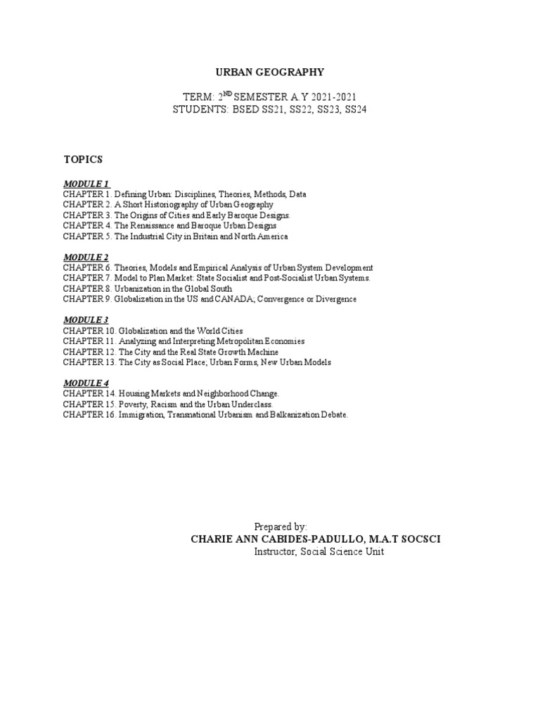 Urban Geography Course Overview | PDF