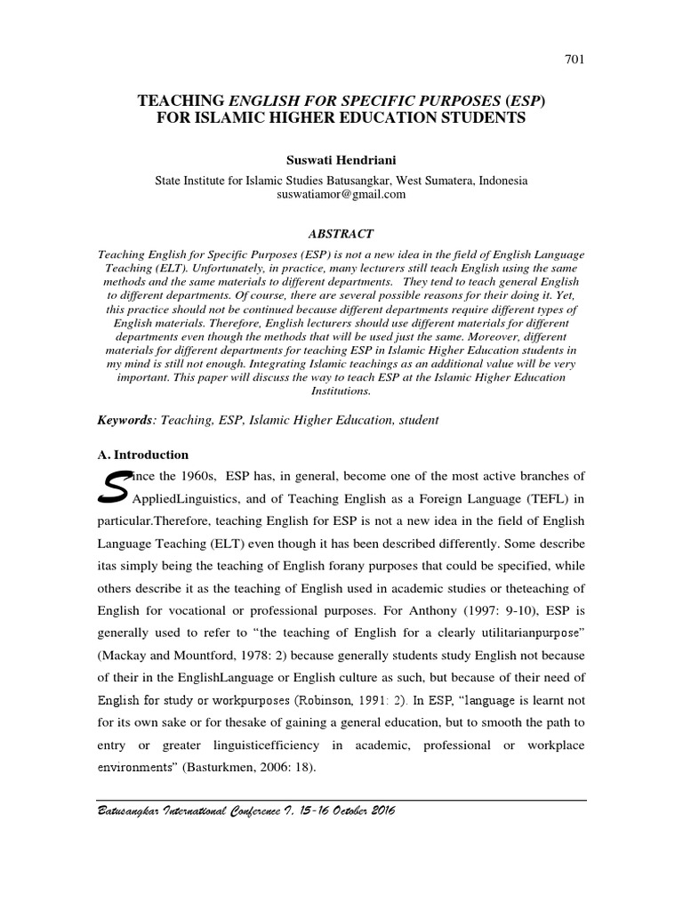 Teaching English For Specific Purposes (Esp) For Islamic Higher Education Students | PDF ...