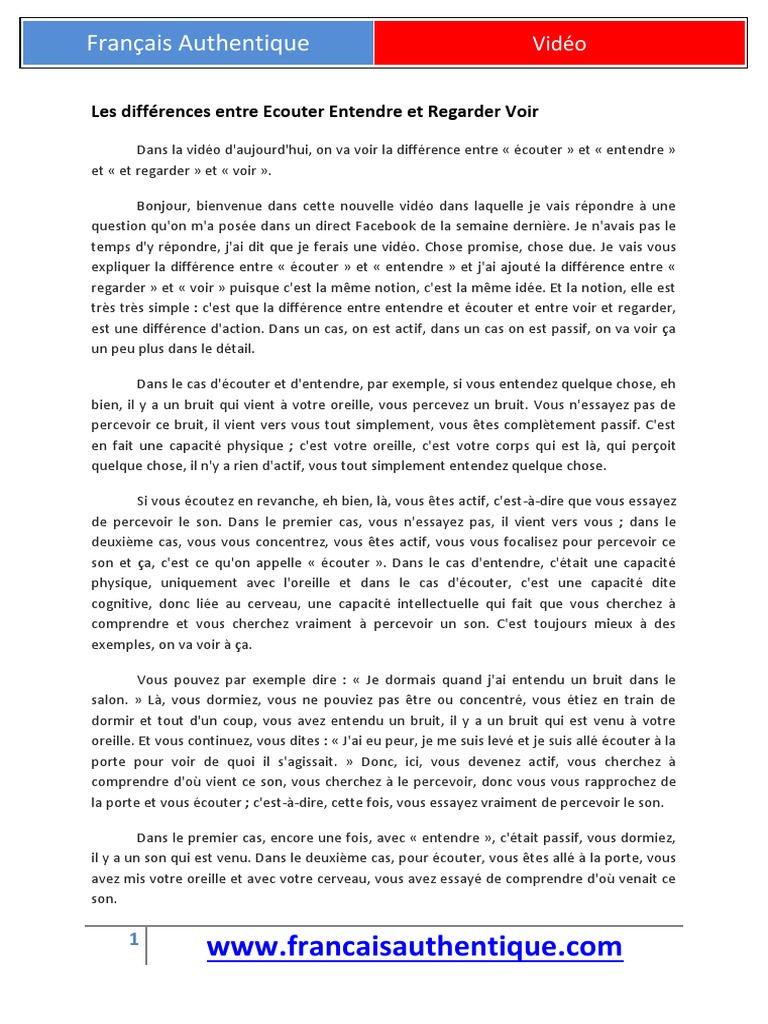 Les Differences Entre Ecouter Entendre Et Regarder Voir | PDF | la ...