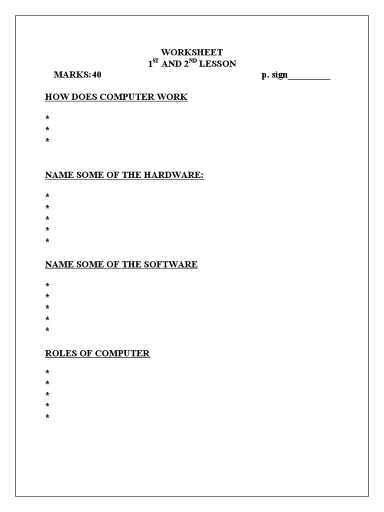 Worksheet 1 and 2 Lesson MARKS:40 P. Sign - How Does Computer Work | PDF