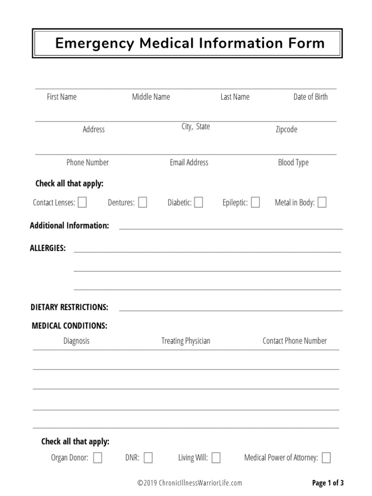 Emergency Medical Information Form: Check All That Apply | PDF | Health ...