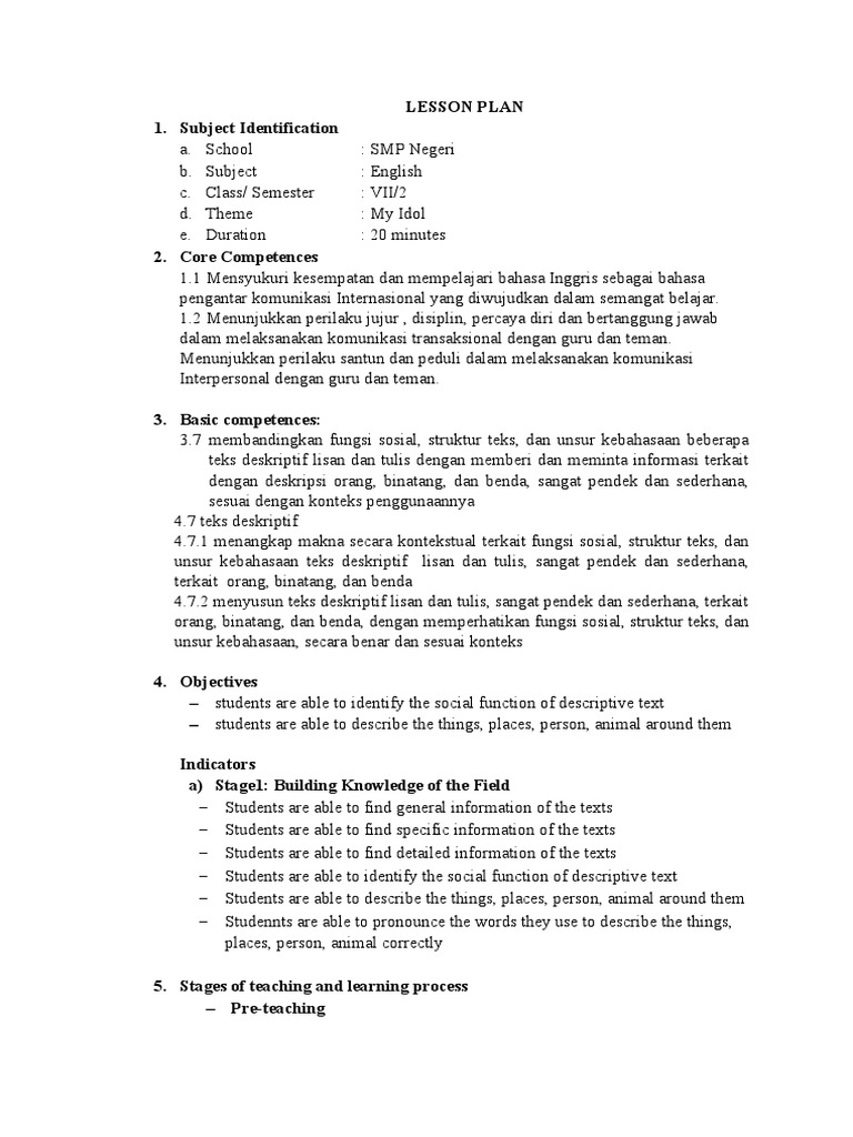 Lesson Plan Bahasa Inggris SMP | PDF | Teachers | Teaching