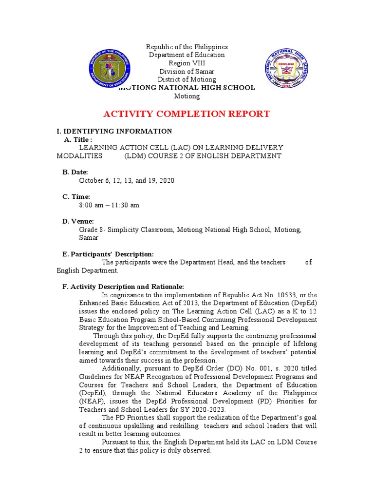 ACR LAC Session LDM Course 2 English Dept. 2020 | PDF | Teachers | Learning