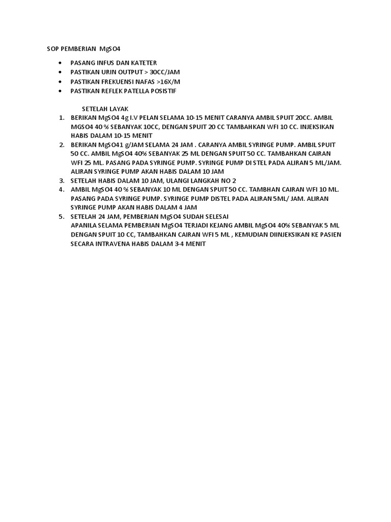 Sop Pemberian Mgso4 | PDF