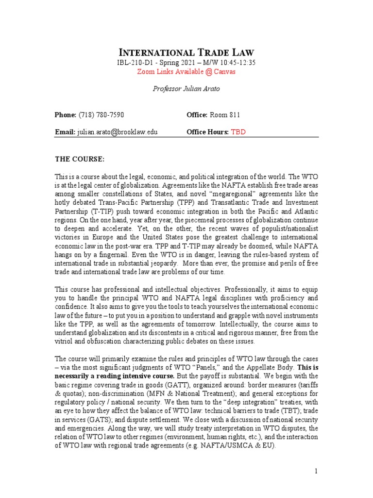 International Trade Syllabus (2021 Spring) v2 | PDF | Most Favoured ...