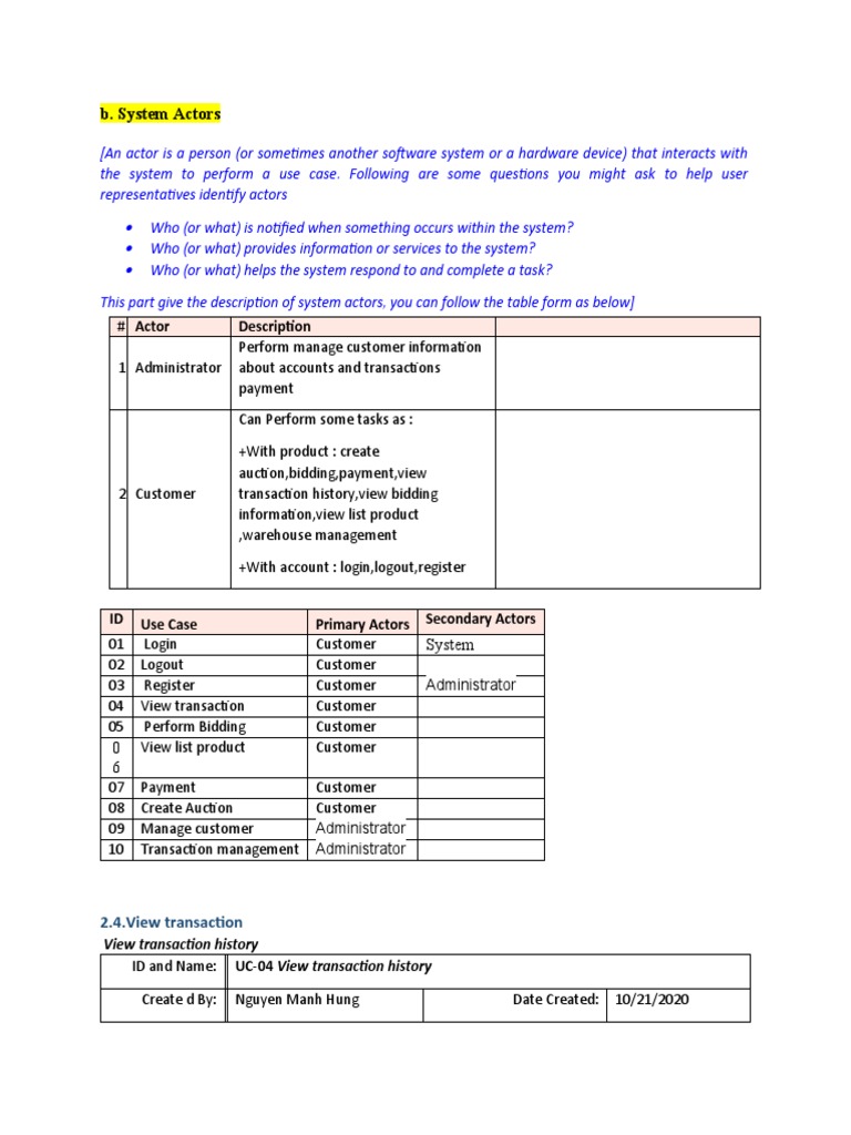 B. System Actors: # Actor Description | PDF | Use Case | Auction