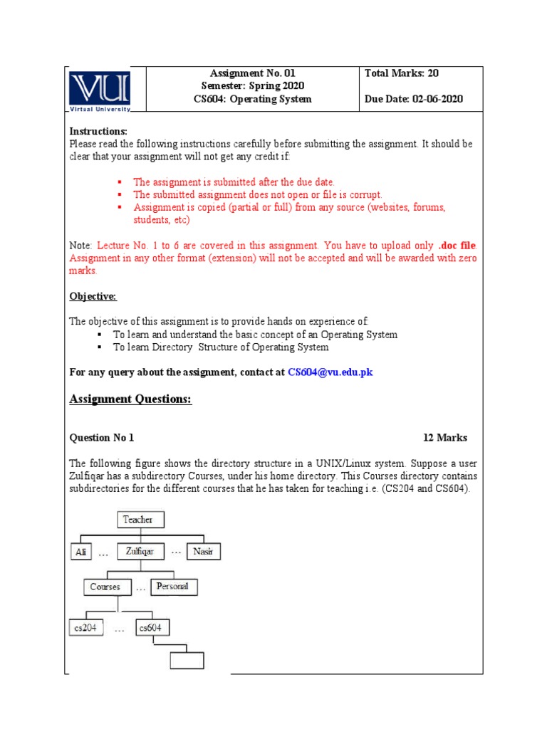 Assignment No 01 Semester Spring 2020 Cs604 Operating System Total Marks 20 Due Date 02 06