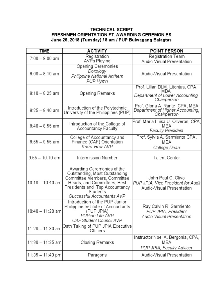 Freshmen Orientation Ft. Awarding Ceremonies Technical Script | PDF ...