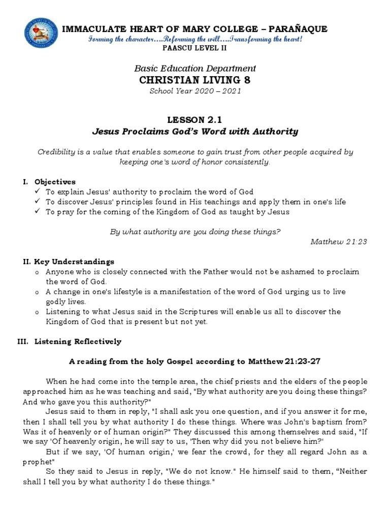 Lesson 2.1 Jesus Proclaims God's Word With Authority | PDF | Gospel Of ...