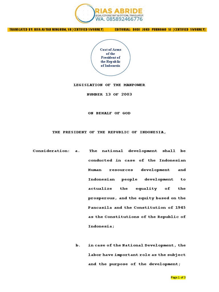 Undang-Undang Nomor 13 Tahun 2003 KetenagaKerjaan (ENGLISH VERSION) LAW ...