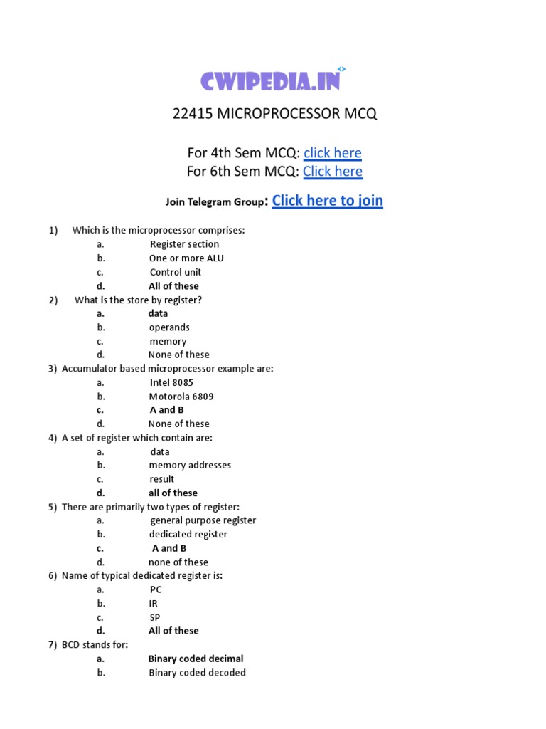 Microprocessor MCQ: For 4th Sem MCQ: For 6th Sem MCQ | PDF | Random ...