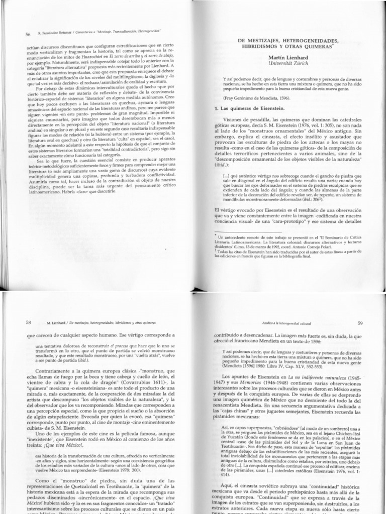 Lienhard, Martin - de Mestizajes, Heterogeneidades, Hibridismos y Otras Quimeras (1996) | PDF