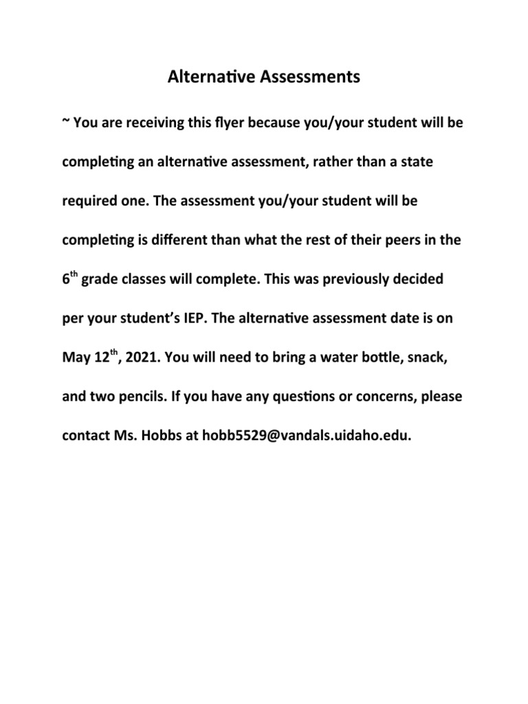 Alternative Assessment Details for 6th Grade | PDF