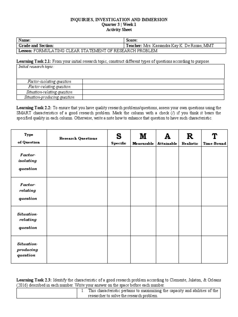S M A R T: Factor-Isolating Question Factor-Relating Question Situation ...