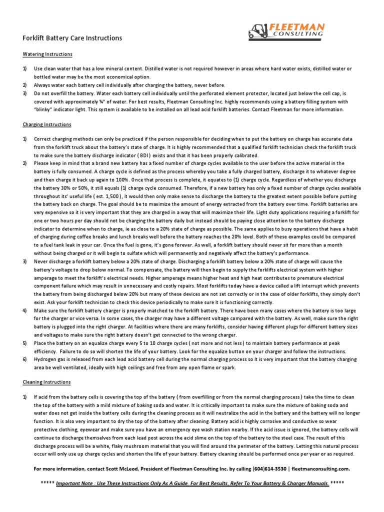 Forklift Battery Care and Maintenance Guide | PDF | Battery Charger ...