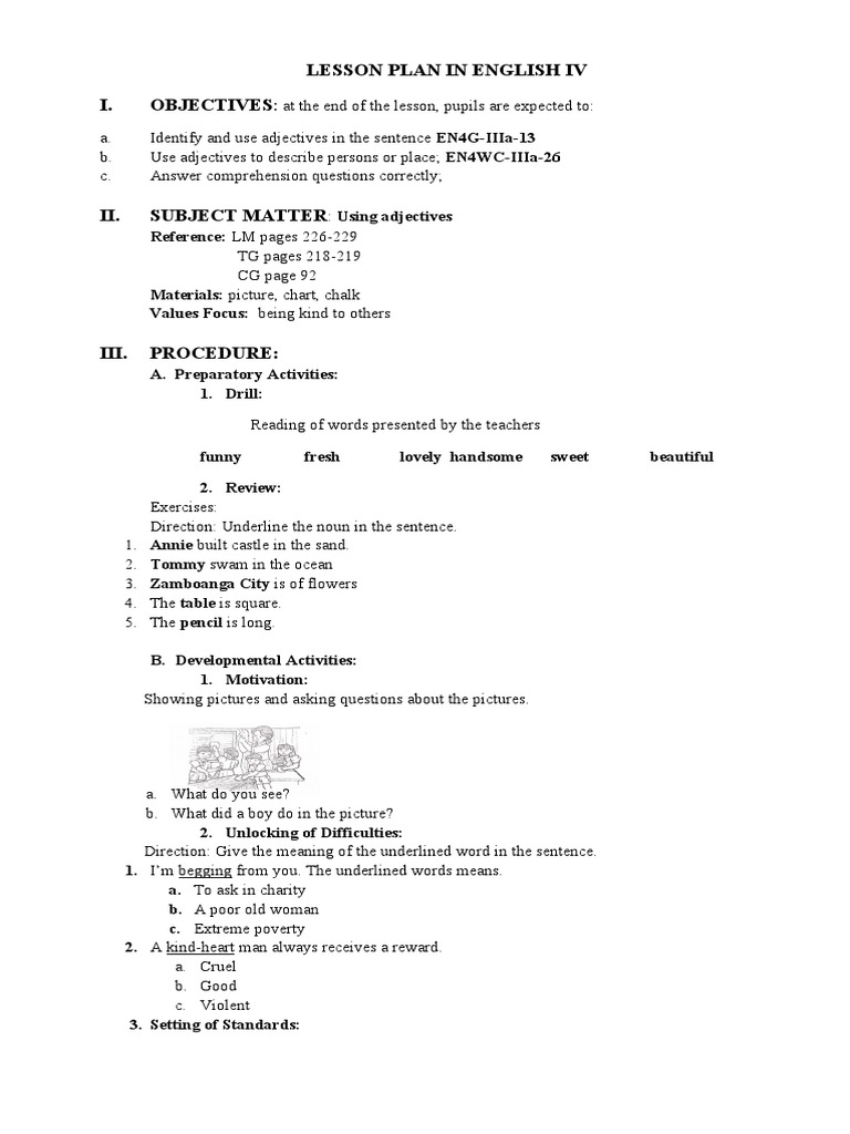 Detailed LESSON PLAN GRADE IV ABOUT ADJECTIVES | PDF | Adjective | Noun