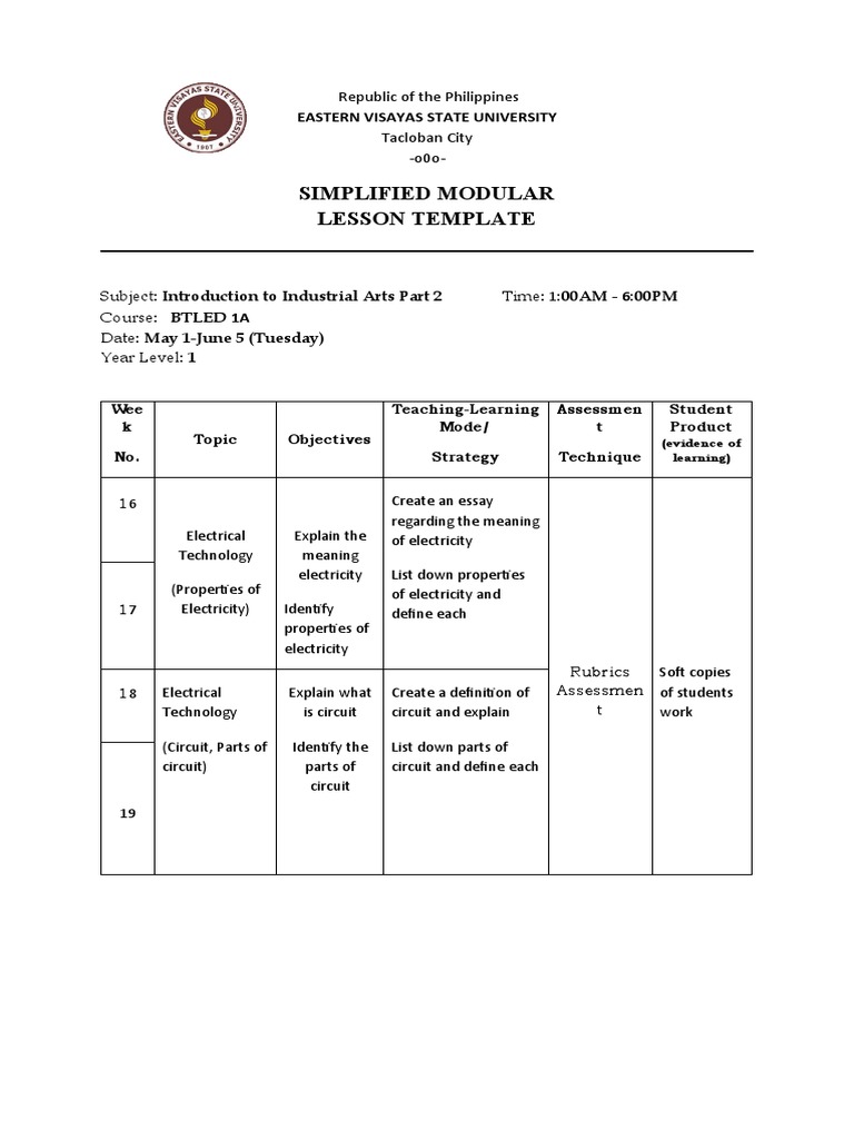 Simplified Modular Lesson Template: Republic of The Philippines ...