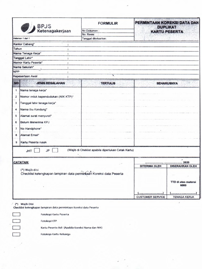 Form Koreksi Data KPJ BPJS | PDF