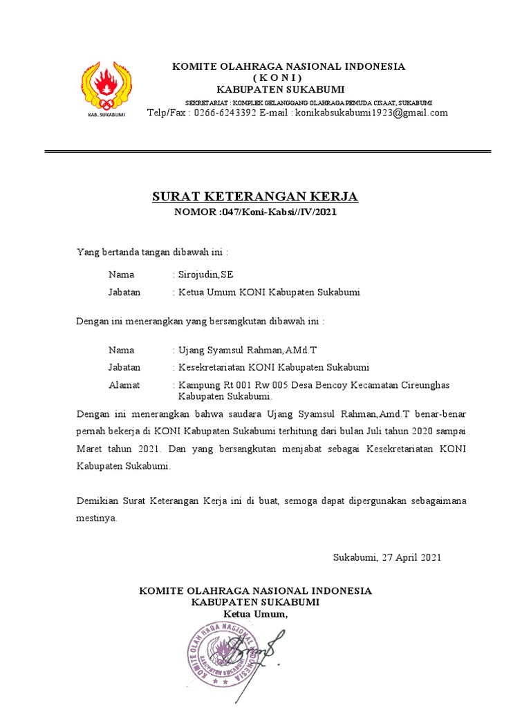 Surat Keterangan Kerja Koni PDF | PDF