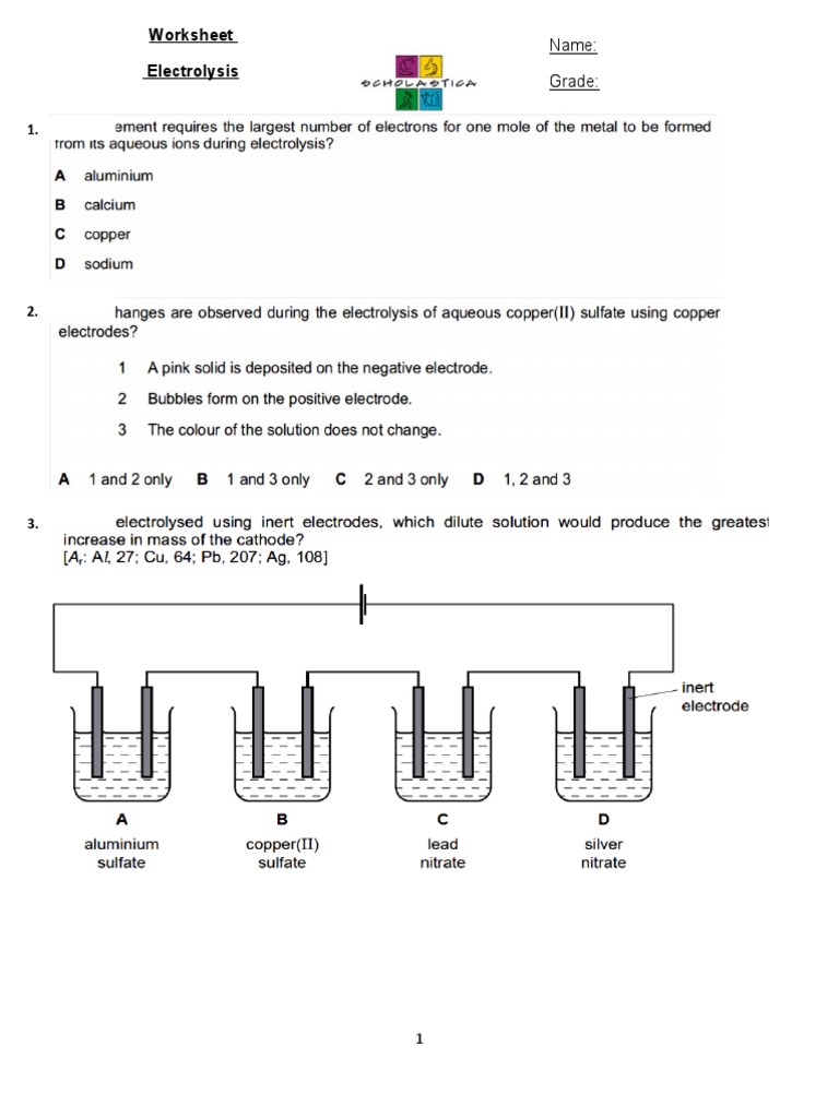 Worksheet Electrolysis: Name: Grade | PDF | Science & Mathematics ...