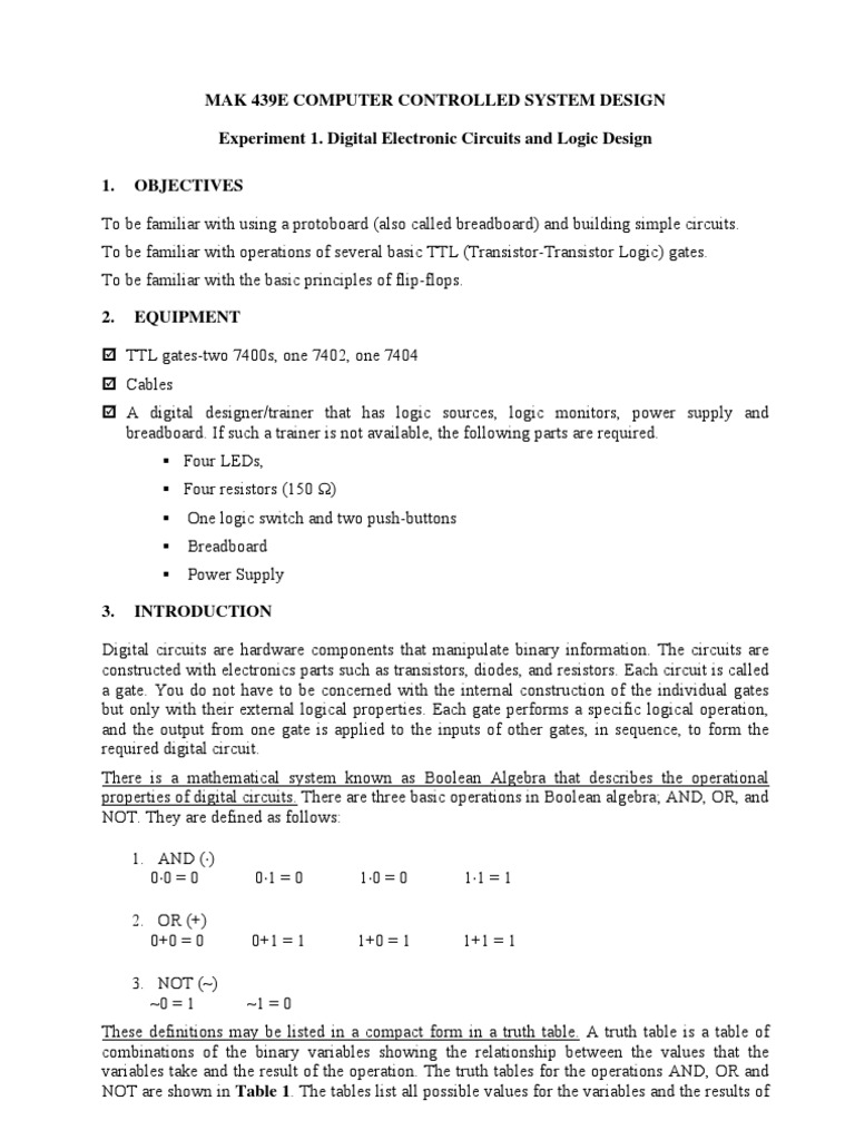 Mak 439E Computer Controlled System Design Experiment 1. Digital Electronic Circuits and Logic ...