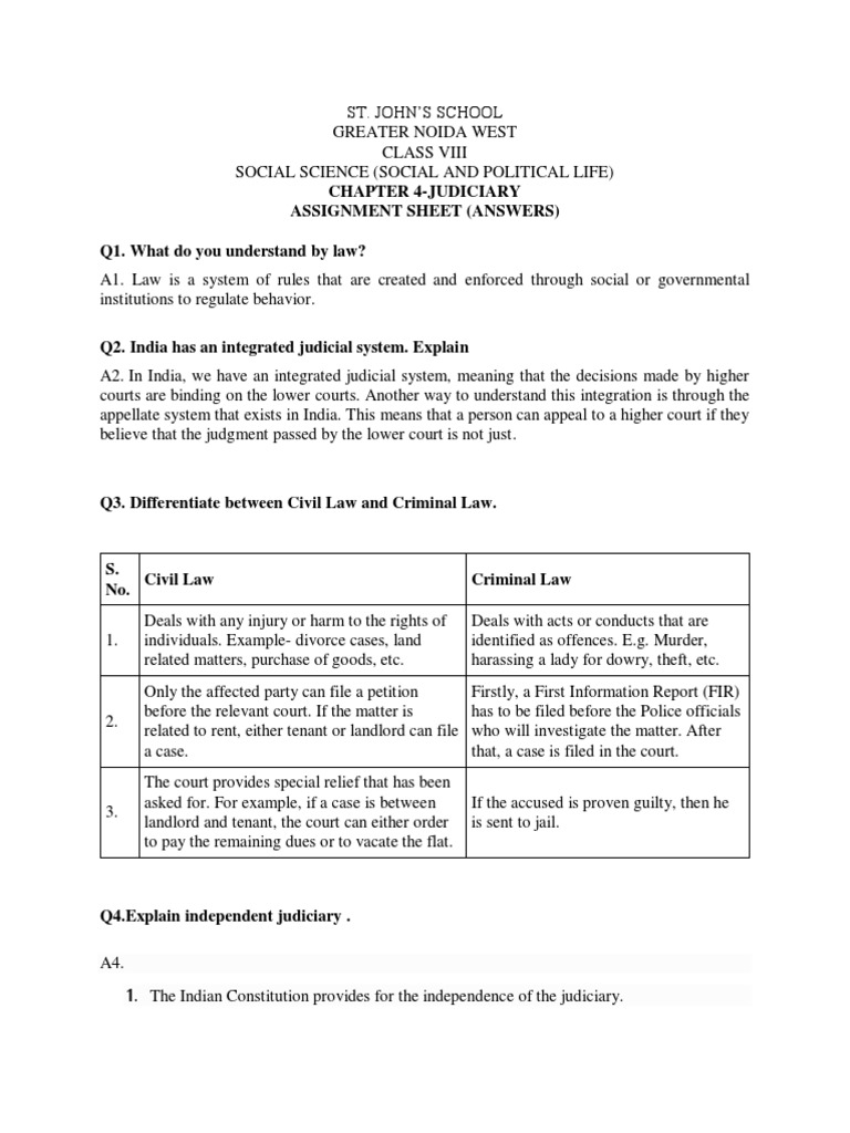 Class 8 Judiciary Assignment Sheet Answers | PDF | Judiciaries ...