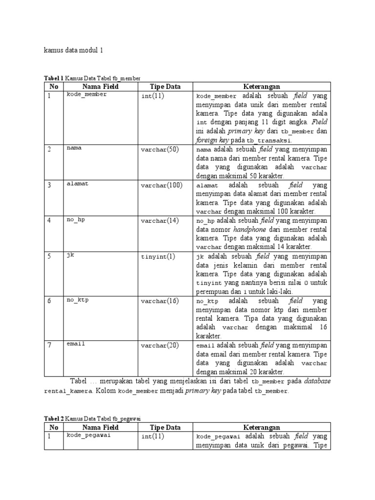 Kamus Data Modul 1 | PDF