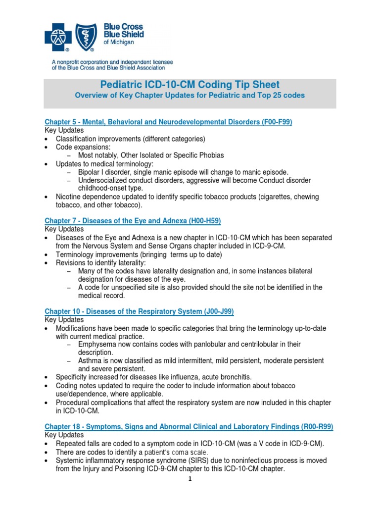 Pediatric ICD-10-CM Coding Tip Sheet: Overview of Key Chapter Updates ...