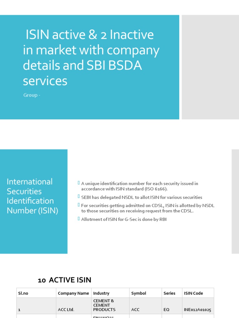 ISIN Active & 2 Inactive in Market With Company Details and SBI BSDA ...