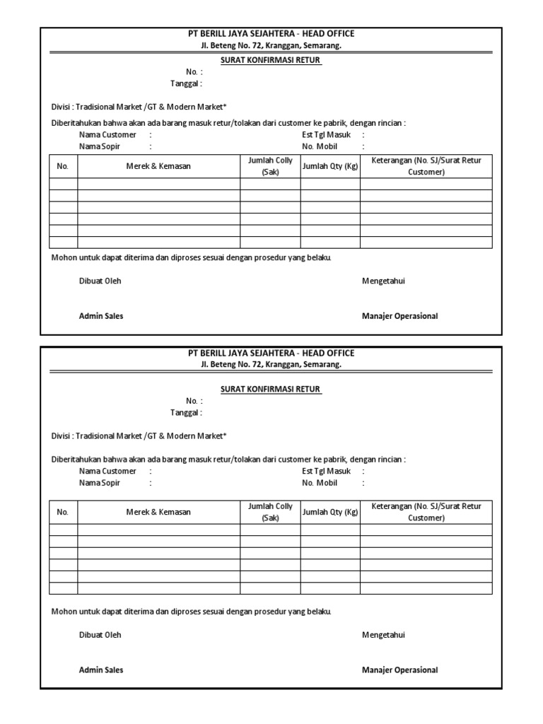Form Konfirmasi Retur (Customer) | PDF