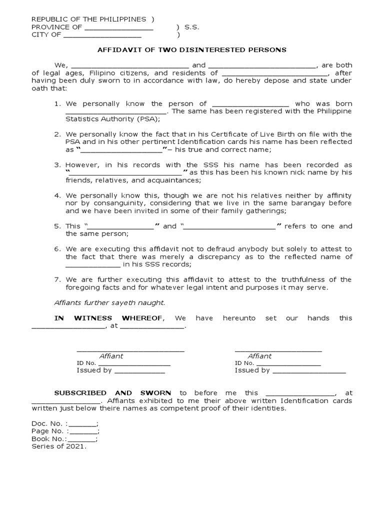 Sample Affidavit of Two Disinterested Persons | PDF | Affidavit | Legal ...