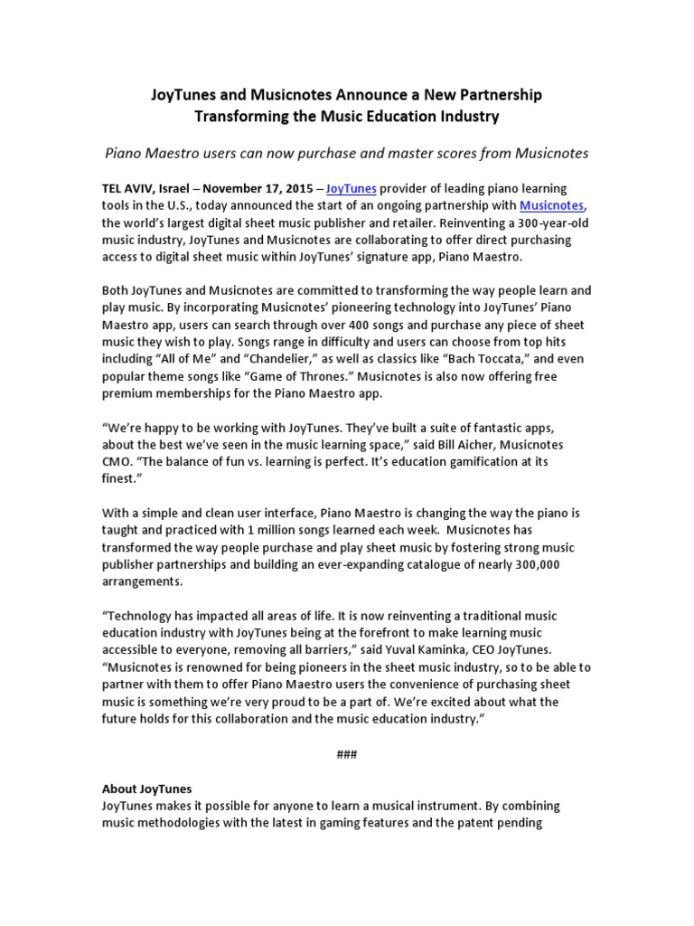 JoyTunes and Musicnotes Release | PDF | Mobile App | Sheet Music