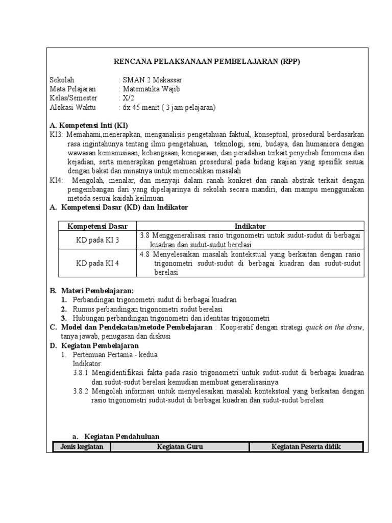 RPP KD 3 8 Wajib Sudut Sudut Berelasi | PDF