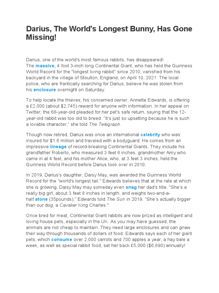 Darius The Worlds Longest Bunny Has Gone Missing | PDF | Travel ...