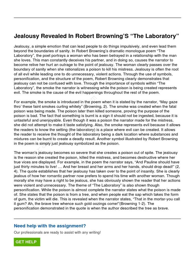 Jealousy Revealed in Robert Browning'S "The Laboratory": Need Help With The Assignment? | PDF ...