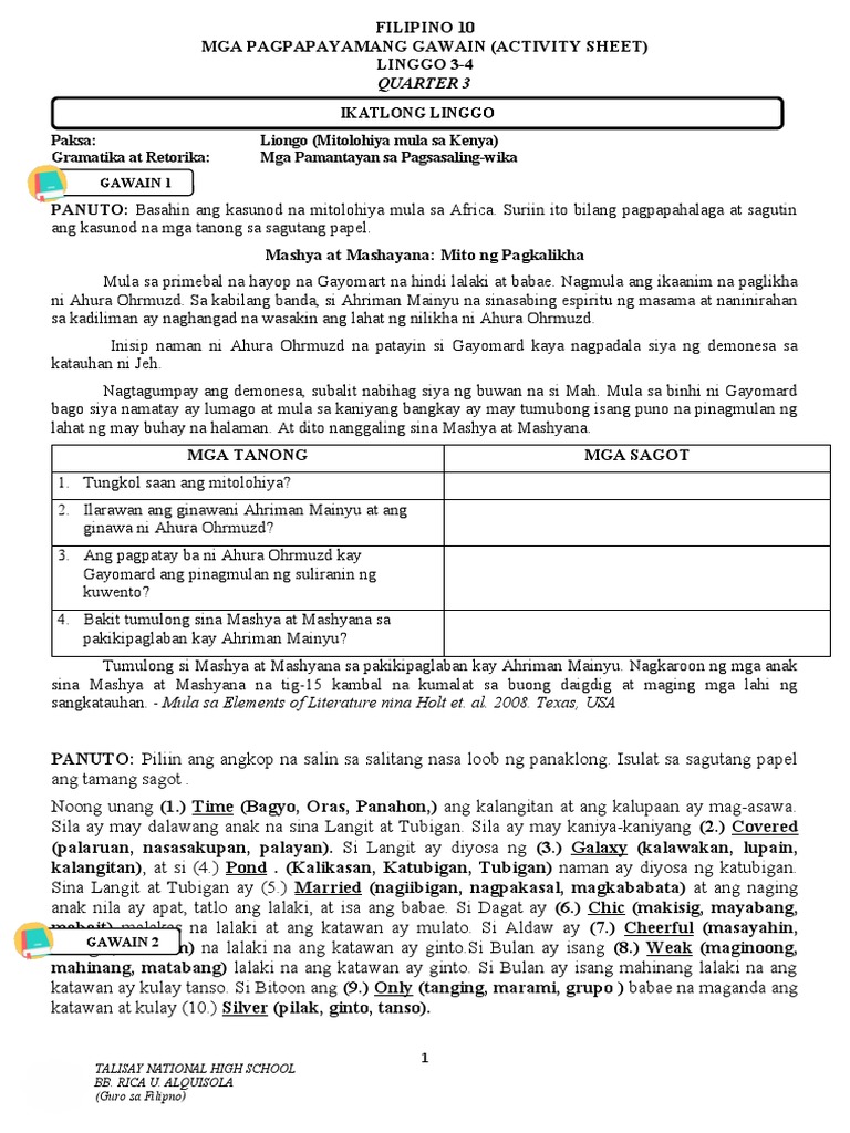 FILIPINO 10 - 3rd-4th Week (3rD QUARTER) | PDF