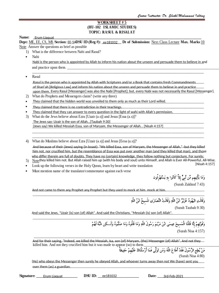 Islamic Studies Worksheet on Prophets | PDF | Prophets And Messengers ...
