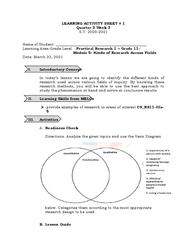 LEarning Activity SHeet PR1 | PDF | Experiment | Quantitative Research