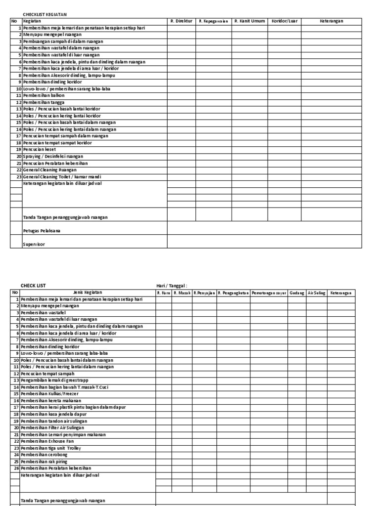 Checklist Kebersihan Harian Ruangan | PDF