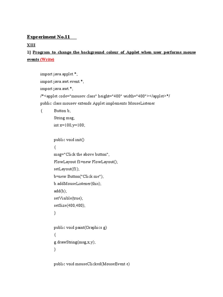 Expreriment No.11: Xiii 1) Program To Change The Background Colour of Applet When User Performs ...