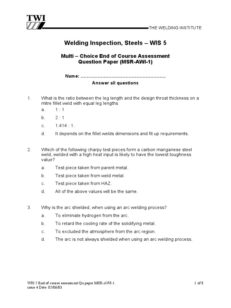 Welding Inspection, Steels - WIS 5: Multi - Choice End of Course ...