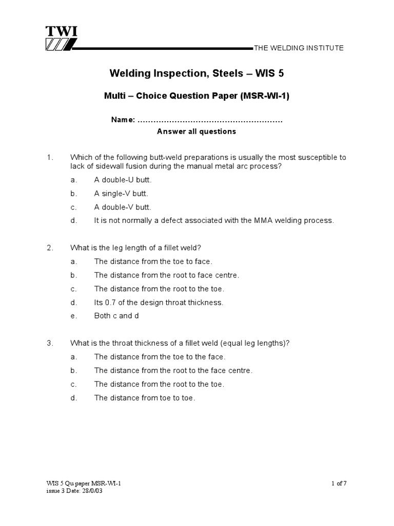 Welding Inspection, Steels - WIS 5: Multi - Choice Question Paper (MSR ...