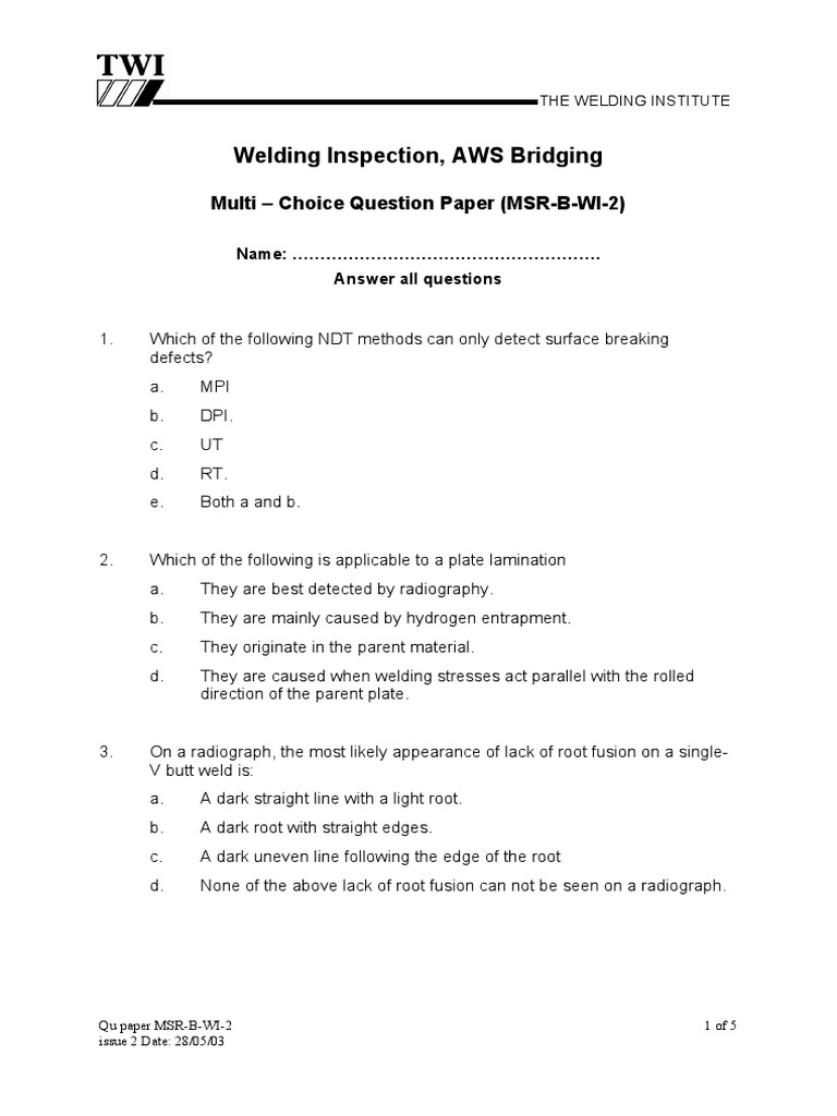Welding Inspection, AWS Bridging: Multi - Choice Question Paper (MSR-B ...