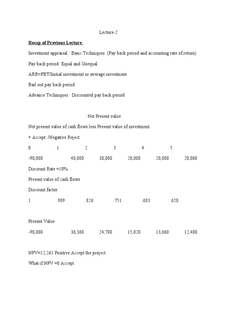 Recap of Previous Lecture | PDF | Net Present Value | Discounting