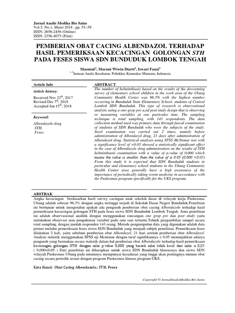 Pemberian Obat Cacing Albendazol Terhadap Hasil Pemeriksaan Kecacingan Golongan STH Pada Feses ...
